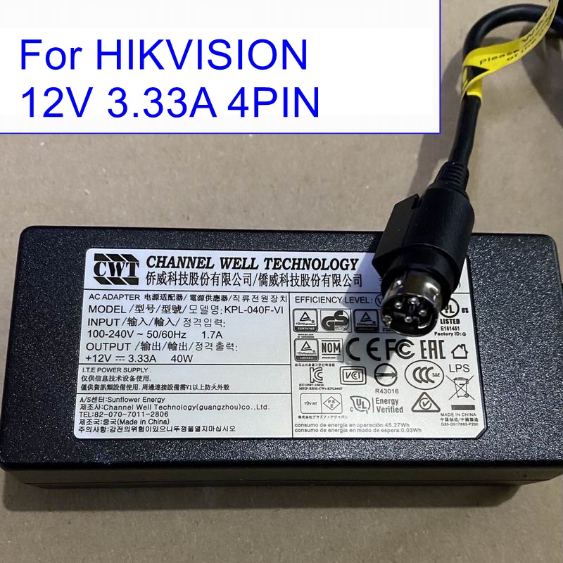 CWT 12V 3.33A 4PIN AC DC Adapter สําหรับ HIKVISION Video Recorder 40W Power Supply Charger ...