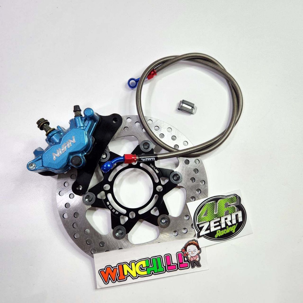 ปั๊มโลโก้นูน สีฟ้า WAVE110i + จานดำหมุดเทา CNC + สายเบรค ZERN หัวกลม ยาว36 WAVE110i / WAVE125 ...