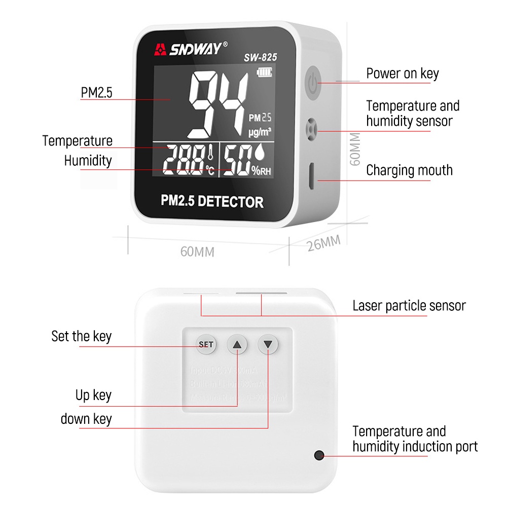 Sndway SW-825 PM2.5 เครื่องตรวจจับก๊าซ ความชื้น อุณหภูมิ ดิจิทัล 3 In1 | Shopee Thailand