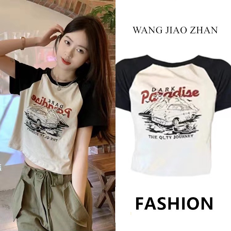 【WANG JIAO ZHAN】เสื้อยืดแขนสั้นคอกลมสีตัดกันพิมพ์ลายย้อนยุค เสื้อผ้า ...