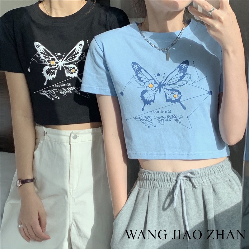 【WANG JIAO ZHAN】 เสื้อยืดแขนสั้นผู้หญิงแฟชั่นเกาหลีฮาราจูกุ【994 ...