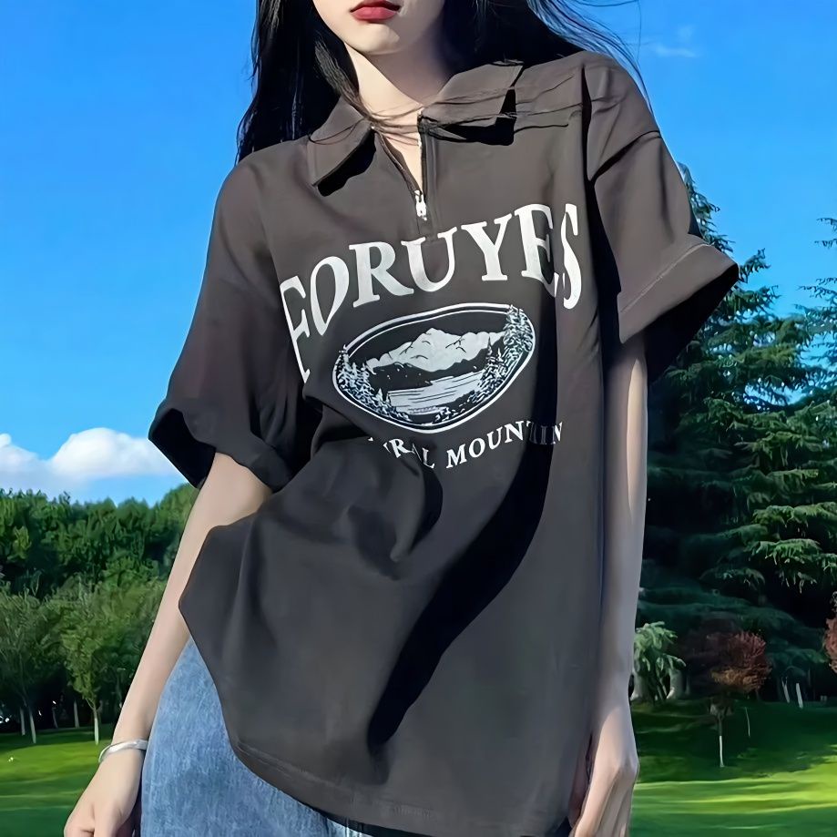 Suyan เสื้อยืดโปโล แขนสั้น ทรงหลวม ขนาดใหญ่ สีเทา สไตล์เรโทร แฟชั่น ...