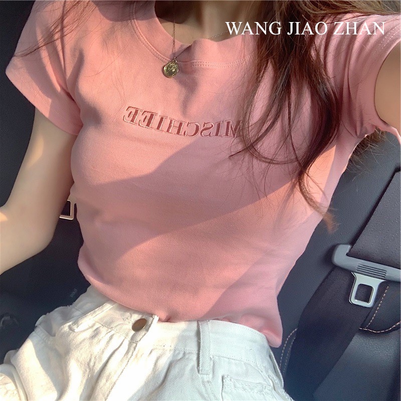 【WANG JIAO ZHAN】เสื้อยืดคอกลมแขนสั้นสไตล์เกาหลี เสื้อผ้าแฟชั่นสตรี ...