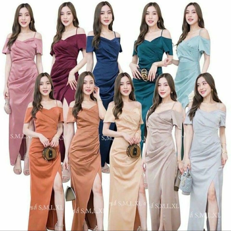 ชุดเดรส ชุดออกงาน ชุดราตรี FP018 เกรดพรีเมี่ยม สายเดี่ยว แขนกระบอก | Shopee Thailand