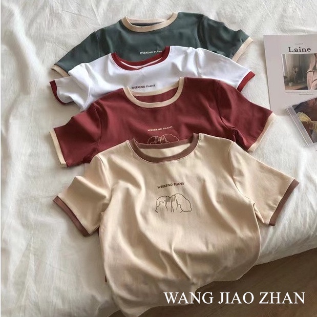 【WANG JIAO ZHAN】เสื้อยืดแขนสั้นคอกลมพิมพ์ลายแฟชั่นสตรีสไตล์เกาหลี【9905 ...