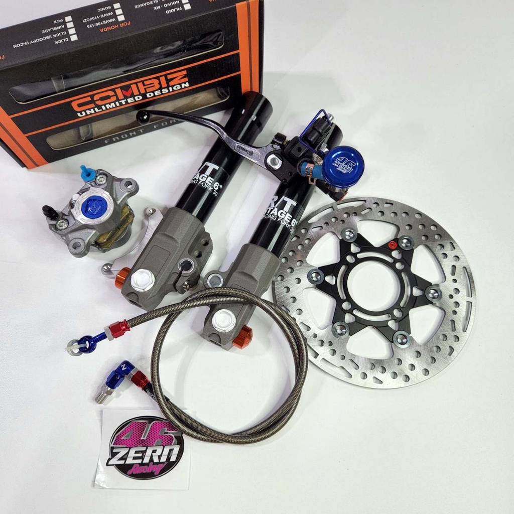 สเตท6 หูเยื้อง CNC + ปั๊มด้วง81 สีน้ำเงิน + ขา + สายเบรค Z90 + จานดาวดำ ...