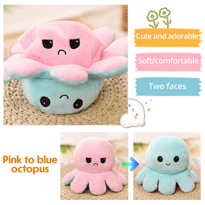 TIKTOK Viral Reversible Double-sided Flip Plush Angry Octopus Doll 20cm ...