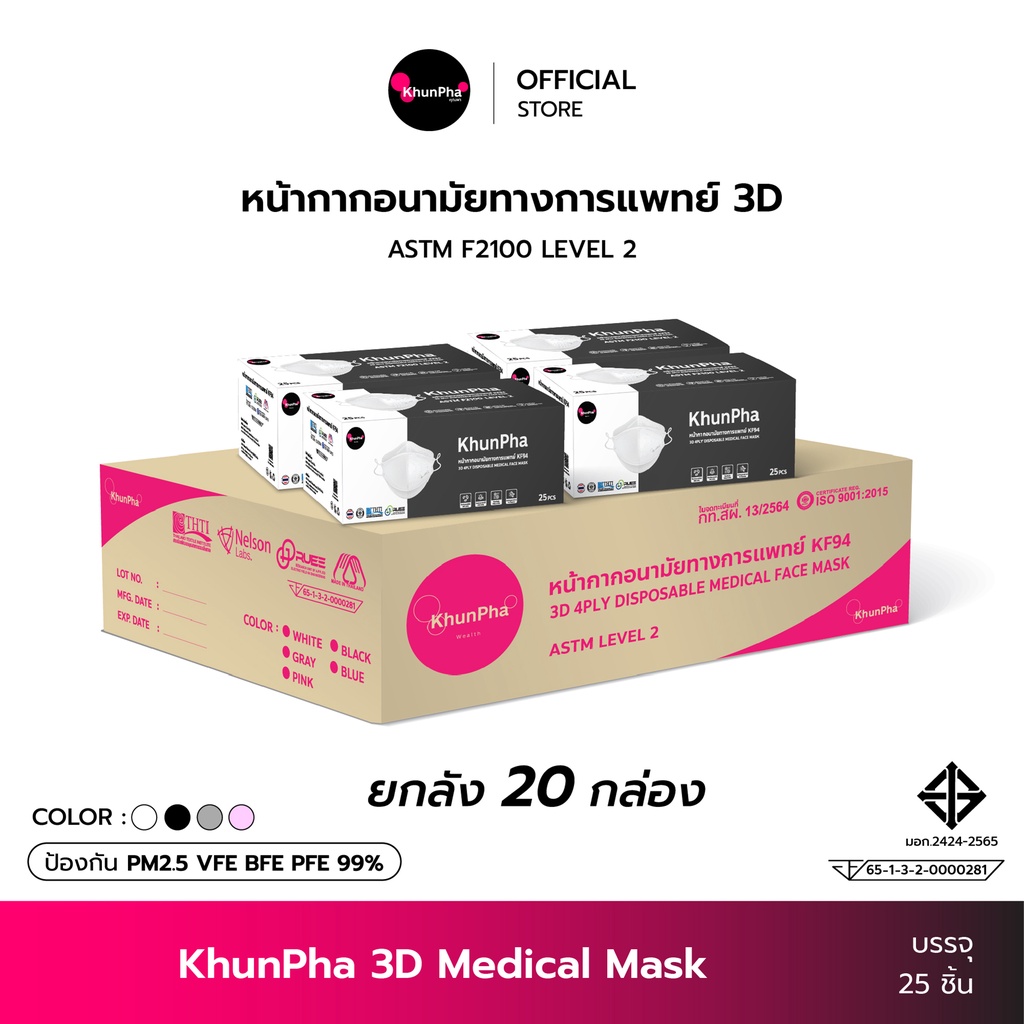 (ยกลัง 20กล่อง) KhunPha 3D Mask คุณผา หน้ากากอนามัยทางการแพทย์ 4ชั้น ...