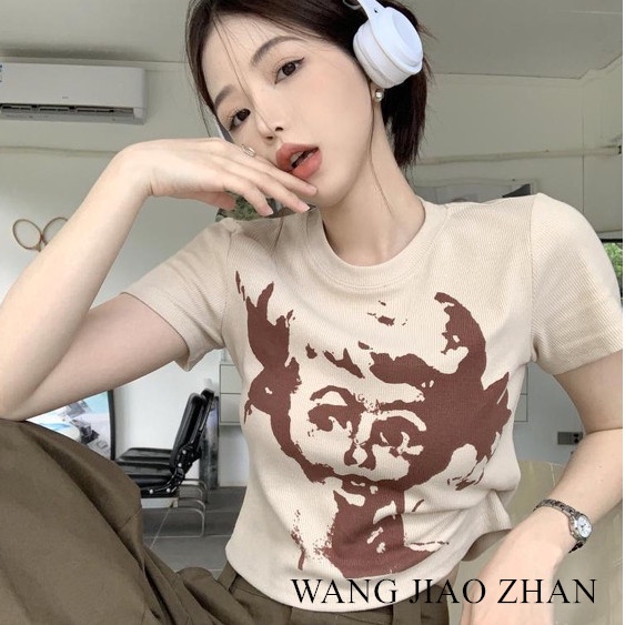 【WANG JIAO ZHAN】 ใหม่ผู้หญิงเสื้อครอปแขนสั้นพิมพ์ลายสไตล์วินเทจ【9919 ...