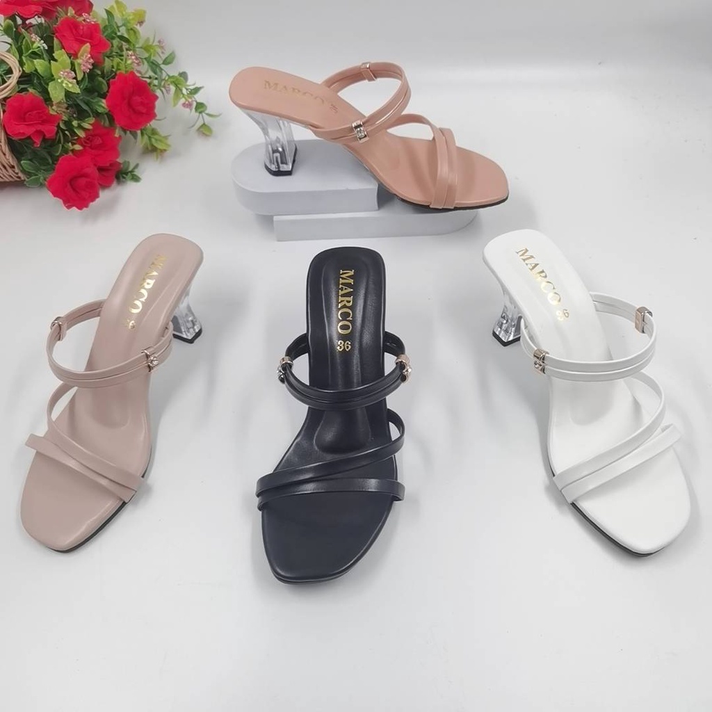 รองเท้าส้นแก้ว แบรนด์ Marco รุ่น B1027 สูง 2 นิ้ว หนังนิ่ม ดีไซน์สายคาดด้านหน้า | Shopee Thailand