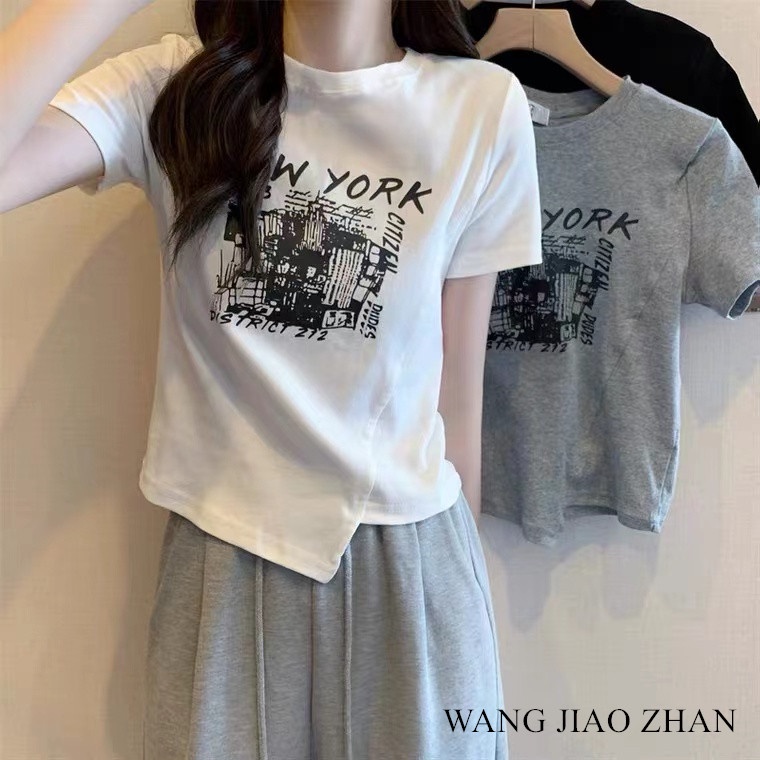 【WANG JIAO ZHAN】 เสื้อยืดแขนสั้นผู้หญิงทันสมัยสไตล์อเมริกันที่มีดีไซน์ ...