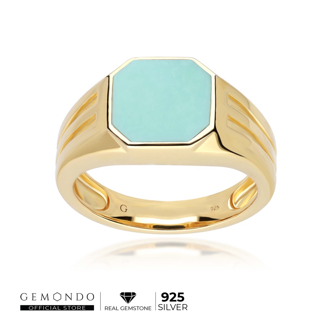 Gemondo แหวนผู้ชายเงินแท้ 925 ชุบทอง 18K ประดับเทอร์ควอยซ์ (Turquoise) ทรงแปดเหลี่ยมหน้าเรียบ ...