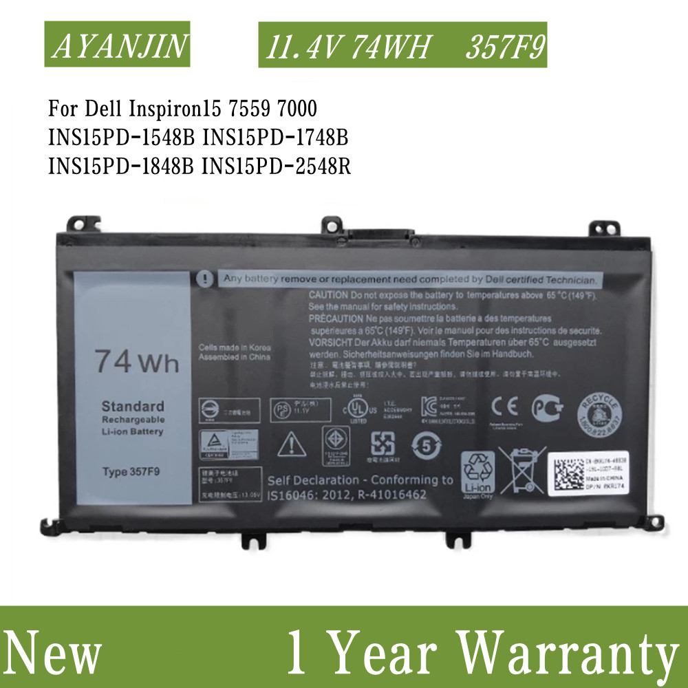 New 11.4V 74Wh 357F9 Battery For DELL Inspiron 15 5576 5577 7000 7557 ...