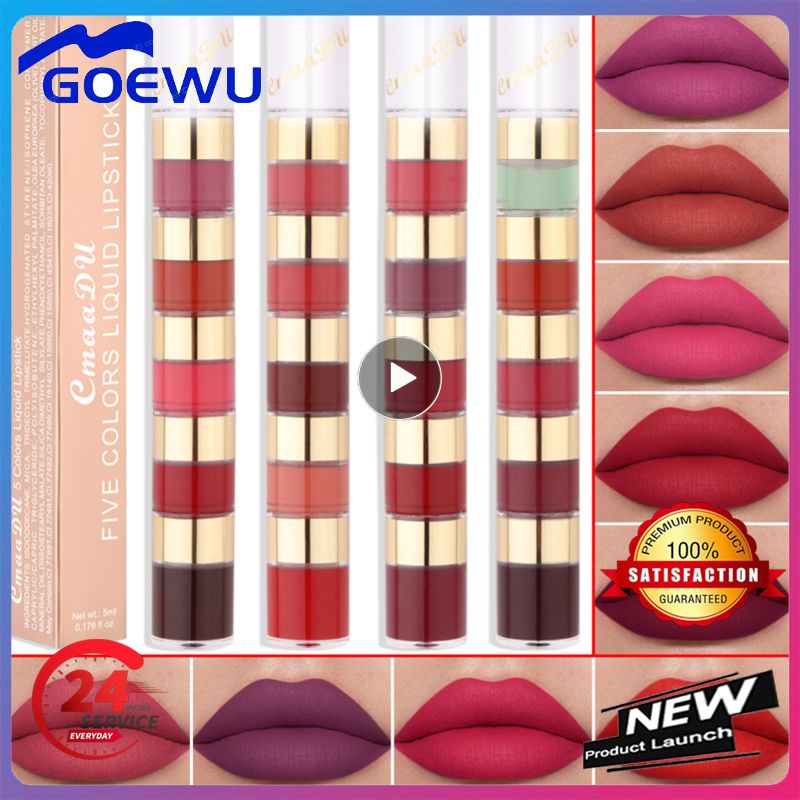 1 ~ 5CS In 1 Matte Listick Kit Combo กำมะหยี่สีแดง Li Tint Nonstick Cu ...