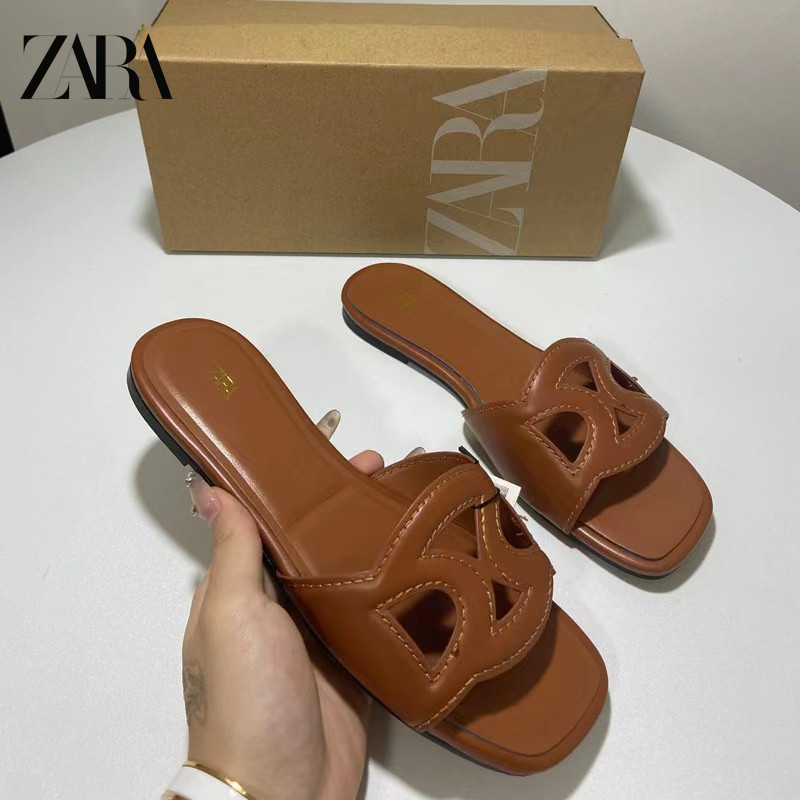 Zara Square Toe รองเท้าแตะแบน Casual สวมใส่ด้านนอกสีน้ําตาล Hollow Lazy ...