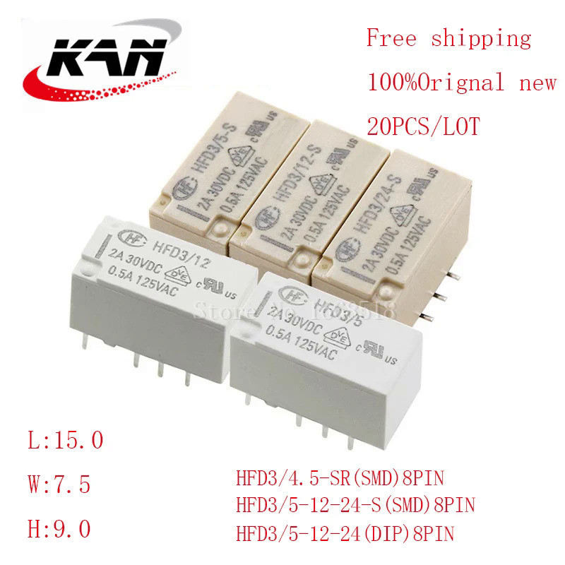 จัดส่งฟรี20ชิ้นรีเลย์ HFD3-5 HFD3-12 HFD3-24 -S HFD3-4.5-SR 5VDC 24VDC DIP/SMD 2A 30VDC 8PIN ...