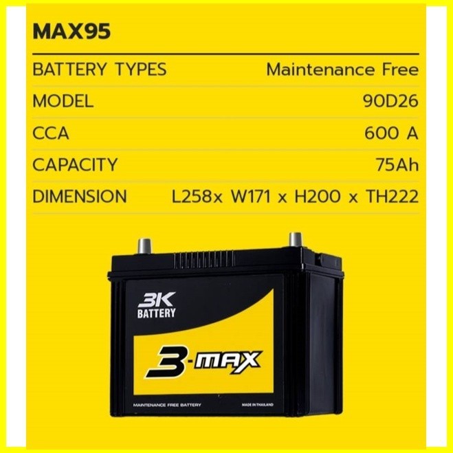 🔥แบตเตอรี่รถยนต์ 3K รุ่น MAX95 L / R ,MF 75Ah. /พร้อมใช้ ไม่ต้องเติมน้ำ /สำหรับรถเก๋ง ปิคอัพ SUV