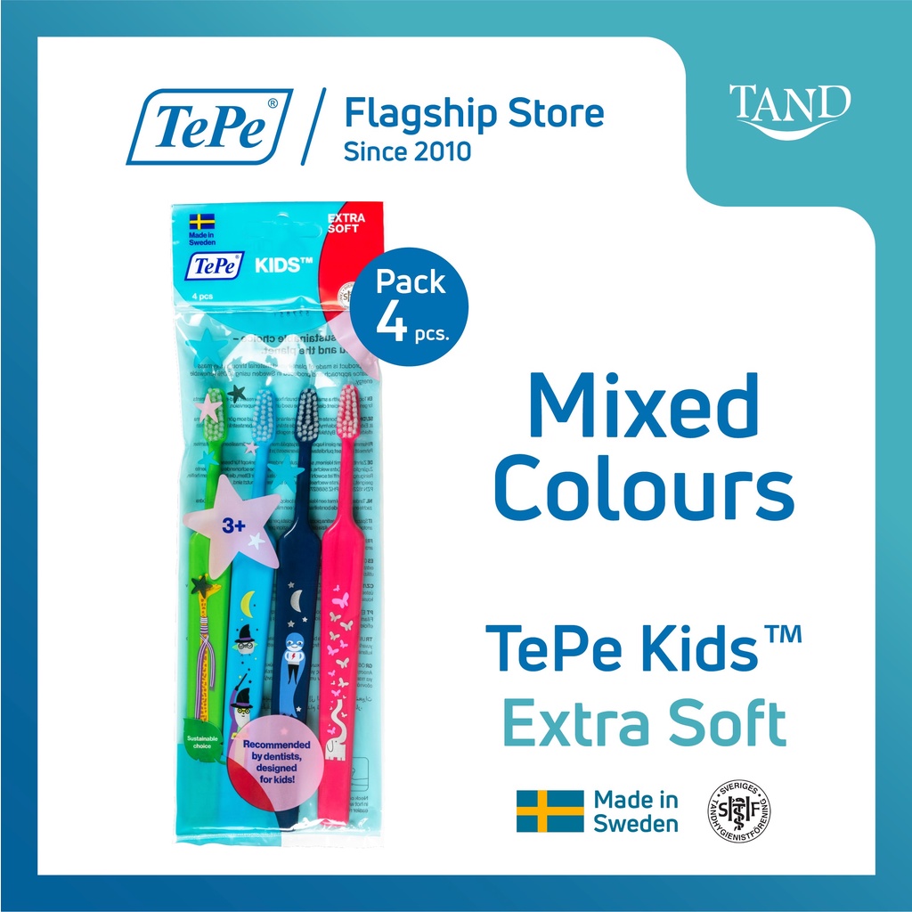 (แพ็ค 4 ชิ้น/คละสี) TePe Kid™ X-Soft เทเป คิดส์ แปรงสีฟันเด็ก อายุ 3 ปี ...