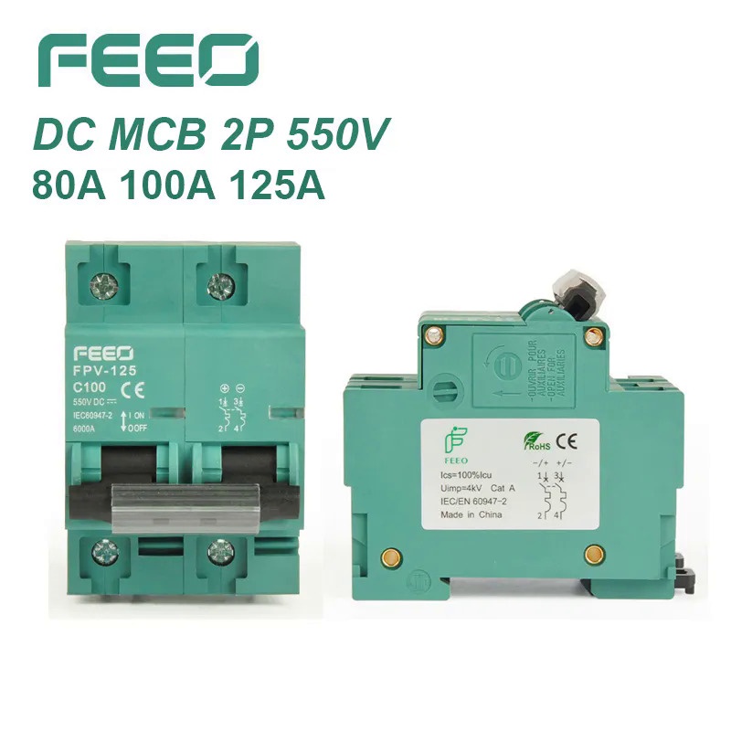 FEEO 2P 100A 125A DC 550V Circuit Breaker Solar Energy Circuit Breaker สำหรับ PV ระบบ C Curve ...