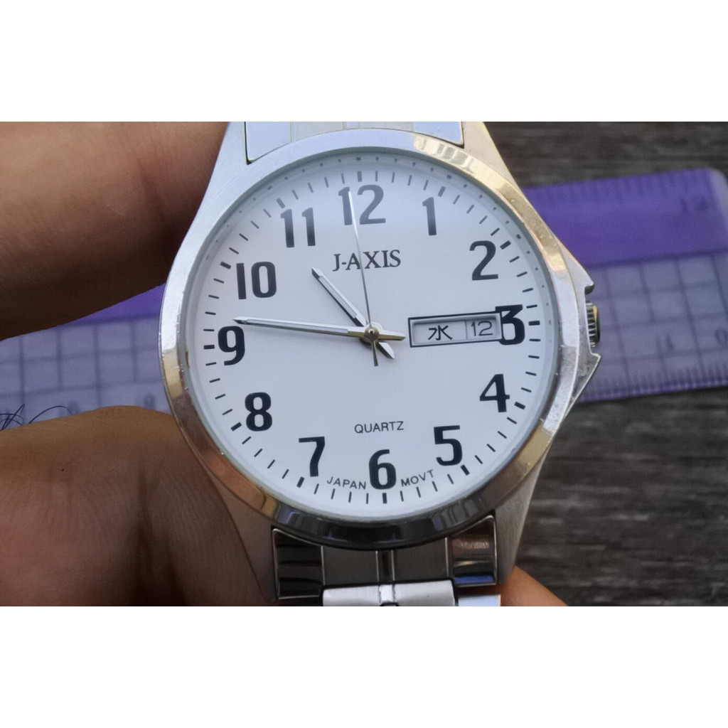นาฬิกา Vintage มือสองญี่ปุ่น J-AXIS หน้าขาว ผู้ชาย ทรงกลม ระบบ Quartz ขนาด34mm ใช้งานได้ปกติ ...