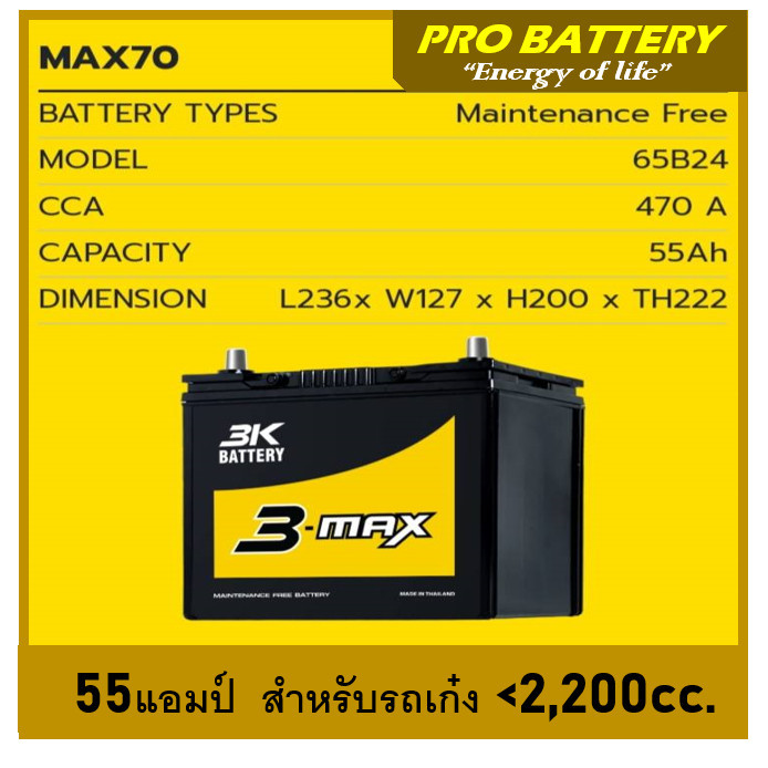 แบตเตอรี่รถยนต์ 3K รุ่น MAX 70L / MF 55Ah. พร้อมใช้ / ไม่ต้องเติมน้ำ สำหรับรถเก๋ง SUV | Shopee ...
