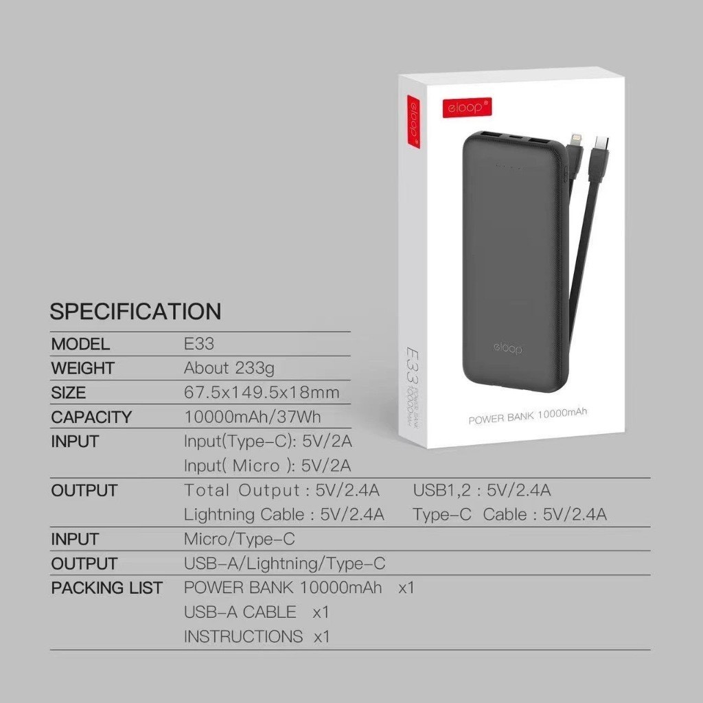 Eloop E33 Lite Power Bank 10000mAh | แบตสำรองพร้อมสายชาร์จในตัว มีให้ ...