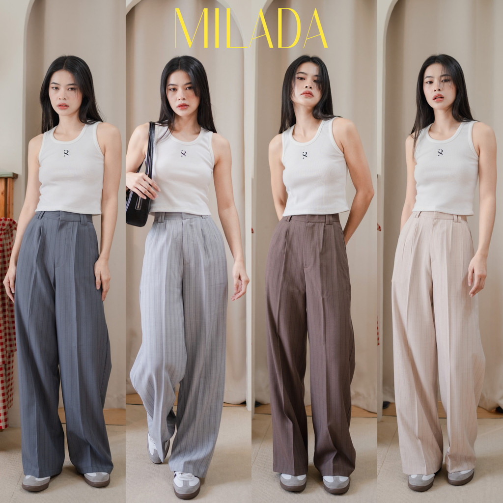Milada_Sp049 กางเกงขากระบอกใหญ่2หู ผ้าโซดาลายริ้ว ใส่สบายผ้าไม่บาง ทิ้ง ...