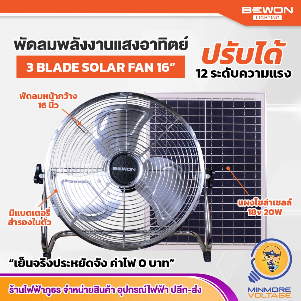 BEWON LIGHTING พัดลมโซล่าเซลล์ พลังแสงอาทิตย์ 16 นิ้ว มีแบตเตอรี่ในตัว ...