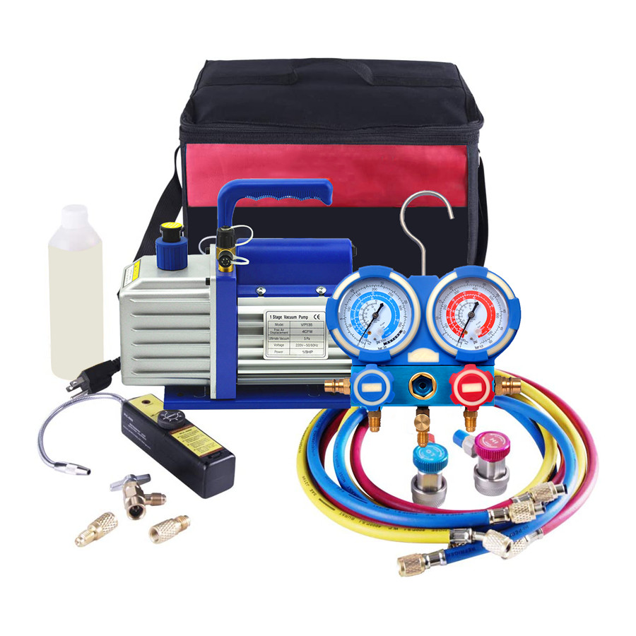 A/C Refrigeration Kit 3CFM Air Vacuum Pump R134a R410A R22 manifold ...