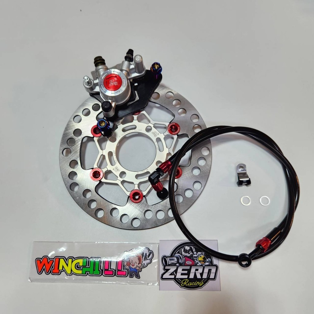 ปั๊มล่าง WAVE110i สีเงินหมุดแดง + จานCNC ZERN81 เงินหมุดแดง + สายเบรคZERN สีแดง ฟันเฟือง หัวกลม ...