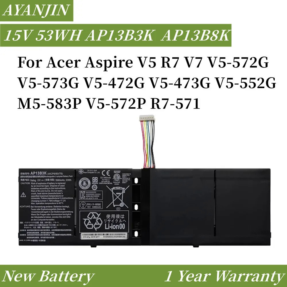 AP13B8K 15V 53WH แบตเตอรี่แล็ปท็อปสำหรับ Acer Aspire V5 R7 V5-552G V5-573G V5-472G V5-473G R7 ...