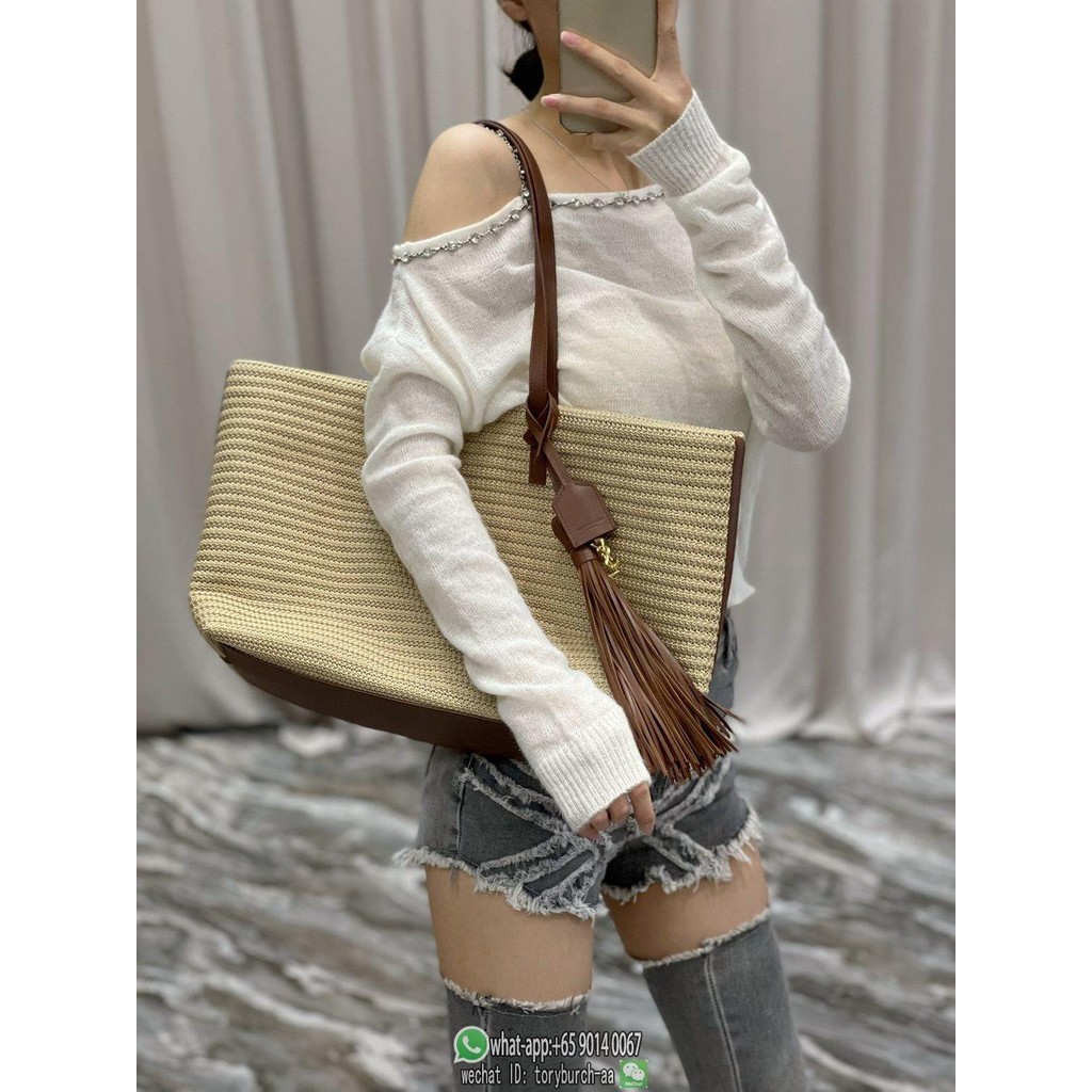 YSL raffia-knitted resort beach tote large tassel shopper travel ...