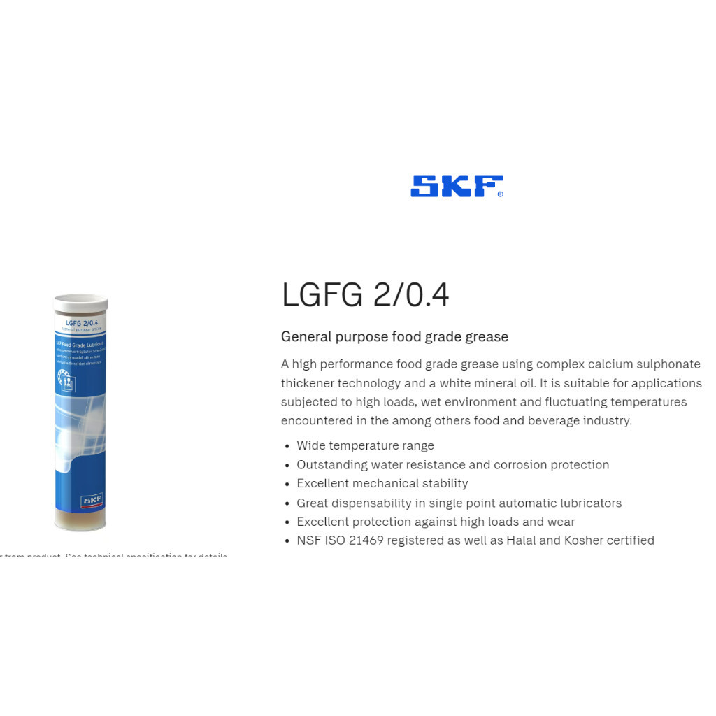 SKF LGFG2 จาระบีชนิดพิเศษ (เบอร์ใหม่) LGFP เบอร์2 ขนาด 400g. ใช้งานผลิตอาหาร Food Grade ...
