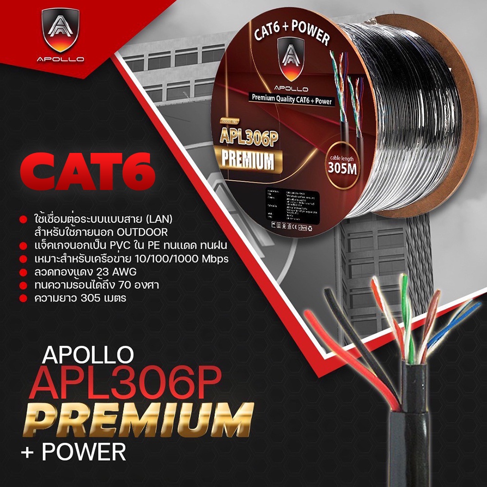 Apollo รุ่น APL306P-PREMIUM สายแลน+ไฟ Lan Cable UTP CAT6 Outdoor +Power ...