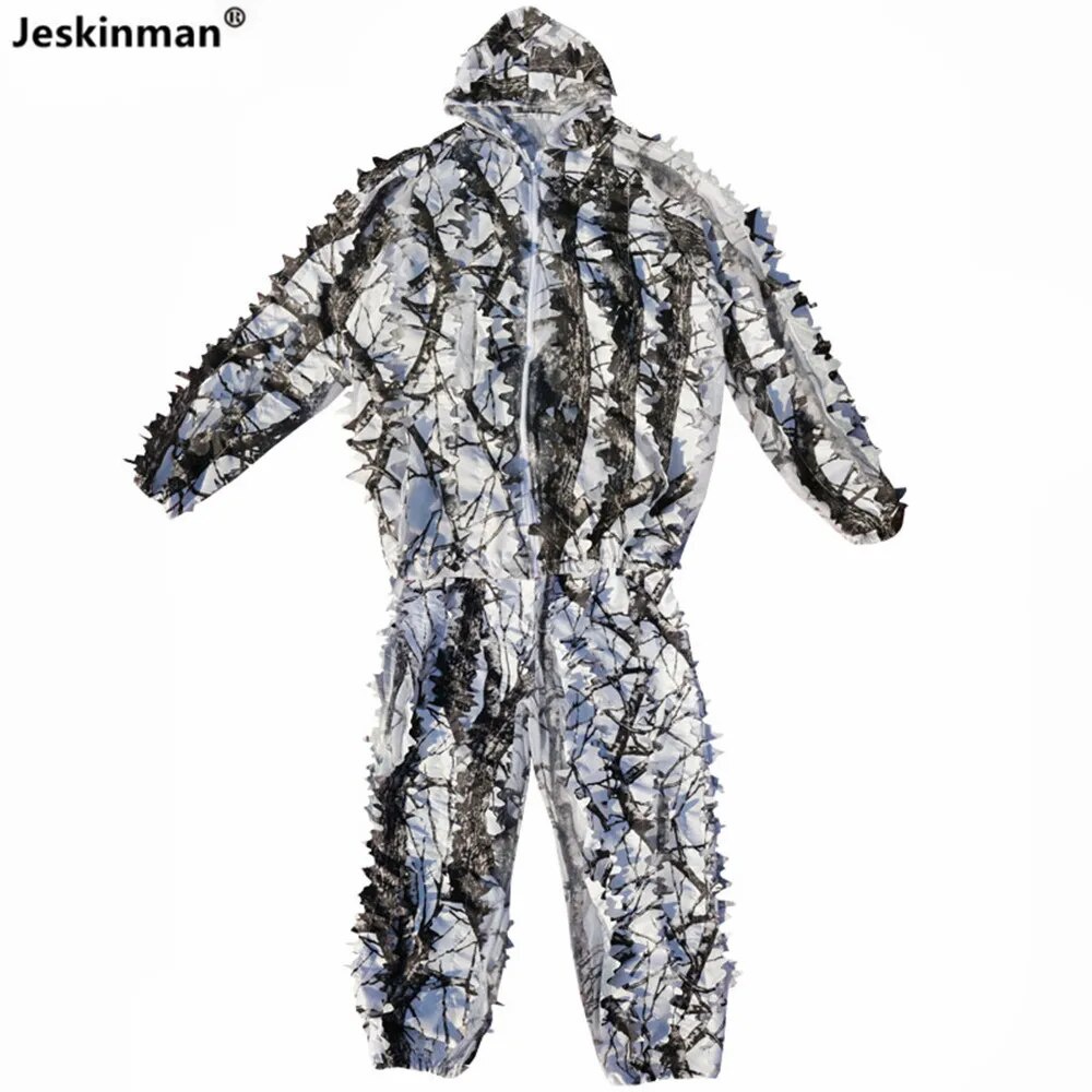 842 Snow White 3D Maple Leaves Camo Ghillie Suit Winter Hunting Fishing Suit Polyester ...
