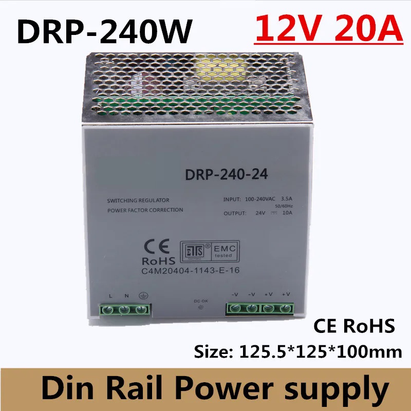 (DR-240-12) DR-240-12เอาต์พุตเดี่ยว LED Din Rail หม้อแปลงไฟฟ้า240W DC 12V เอาต์พุต20A SMPS CE ...