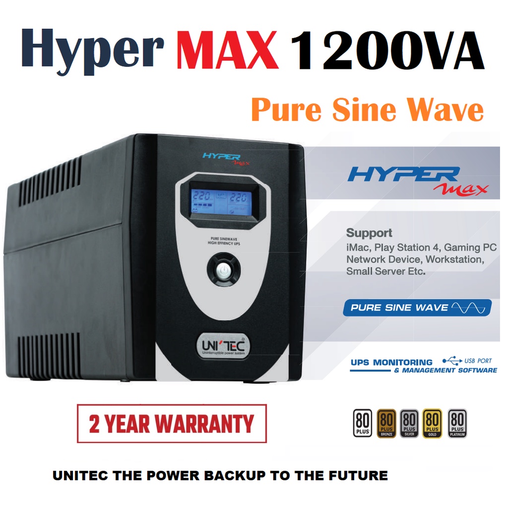 UPS เครื่องสำรองไฟ UNITEC รุ่น HYPER MAX 1200VA/840W (PURE SINE WAVE) ประกัน 2 ปี(ราคารวม vat ...
