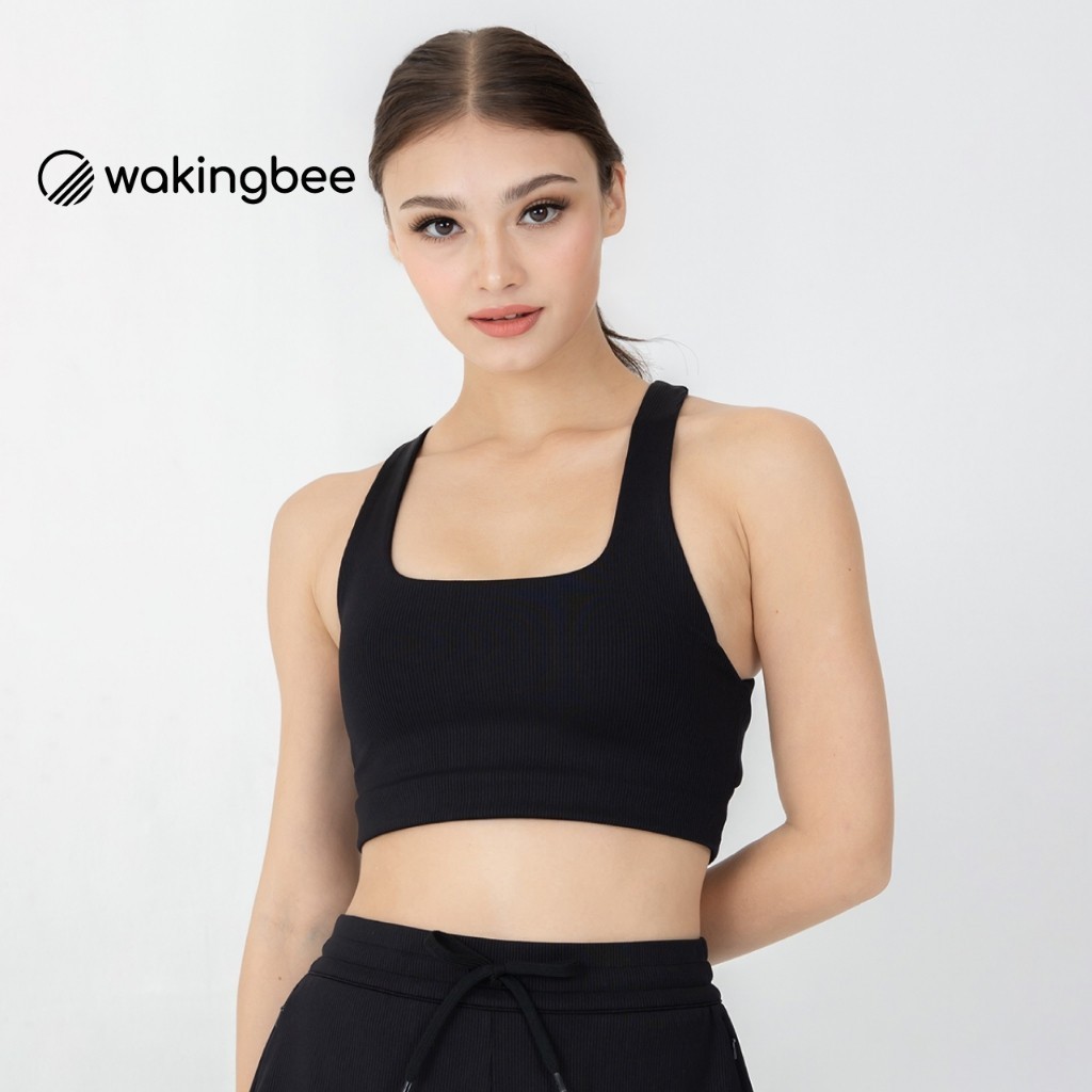 Wakingbee Rib Crop Bra (Black) สปอร์ตบรา ทรงครอป ตัวยาว กระชับ ผ้าร่อง กันยูวี แห้งไว ยืดหยุ่นดี ...