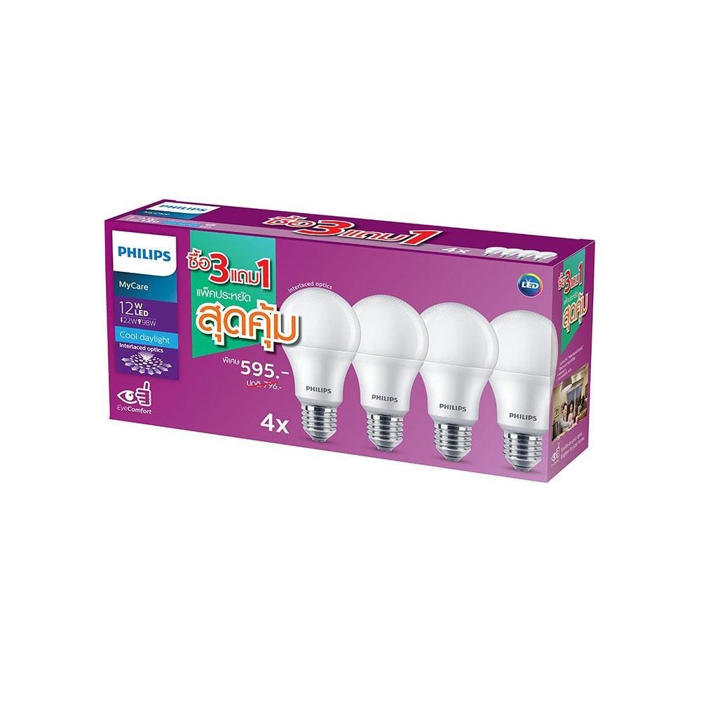PHILIPS หลอด LED A60 12 วัตต์ DAYLIGHT E27 แพ็ก 4 ชิ้น จัดส่งโดย ...