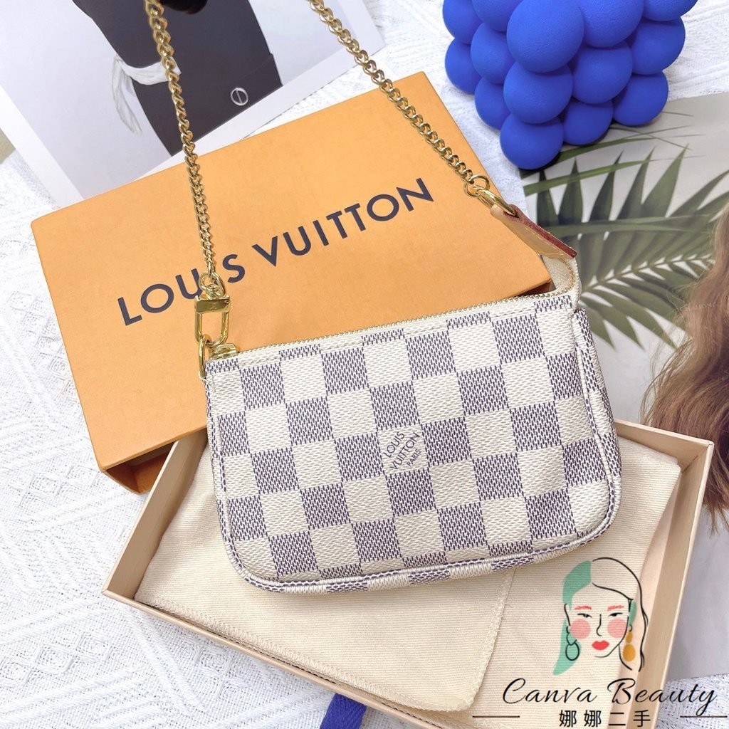 LV POCHETTE white checkerboard mini/mini mahjong bag/chain bag/กระเป๋า ...
