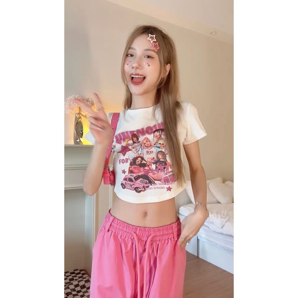 เสื้อยืดแขนสั้น K79 เอวลอย ทรงสลิมฟิต สําหรับผู้หญิง และนักเรียน ลาย ...