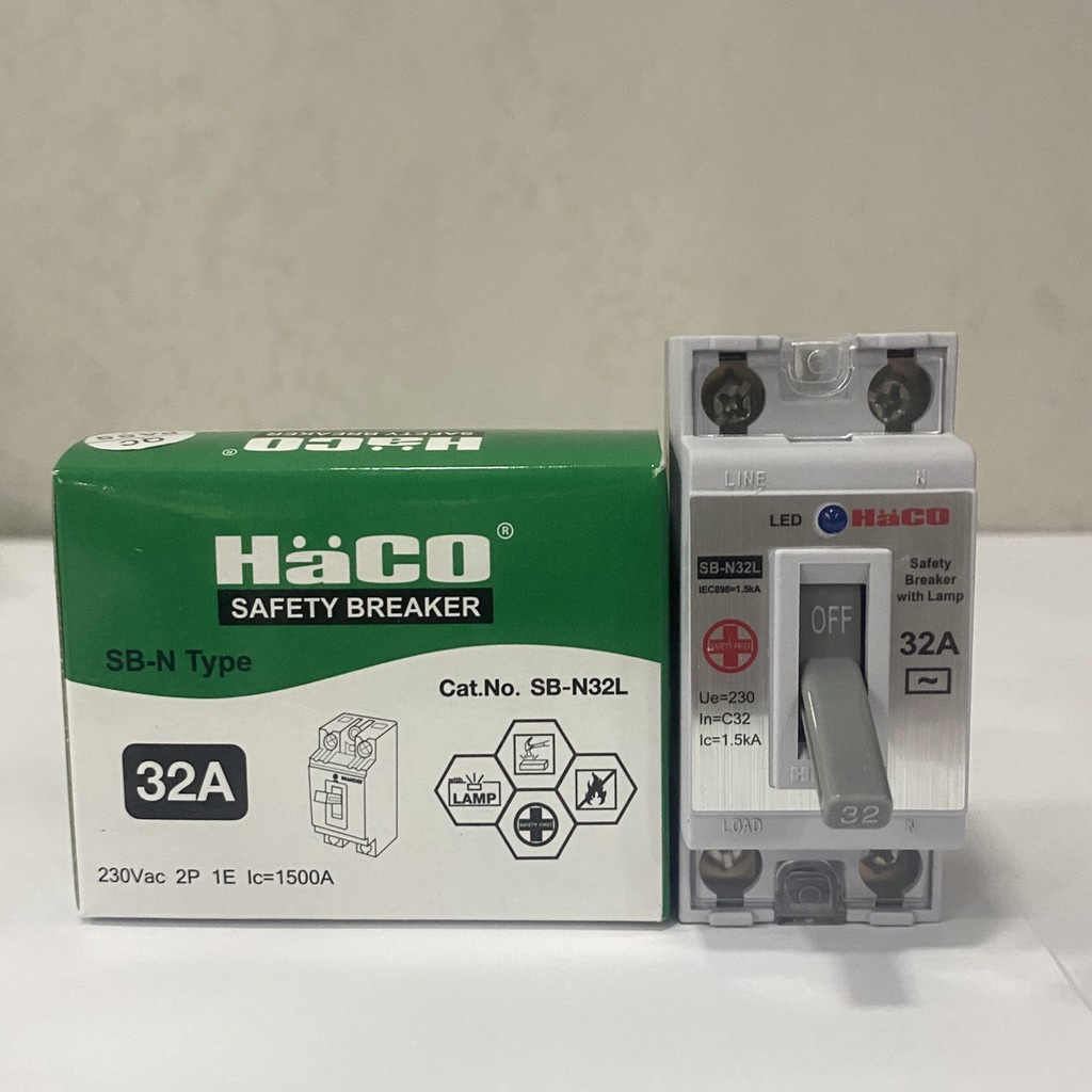 Haco เบรกเกอร์ มีสัญญาณไฟ10A, 16A 20A, 25A 32A ถูกที่สุด SB-N 32A HACO Safety Breaker ฮาโก้ ...
