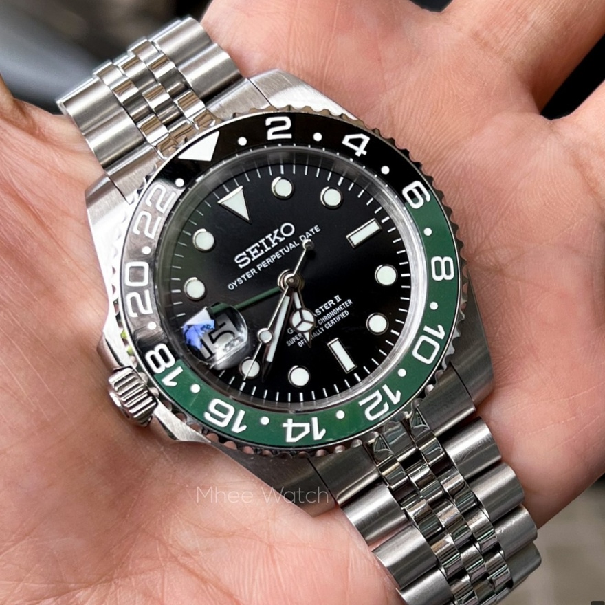 Seikomod Sprite Left Hander GMT Movement Watch Jubilee Strap Ceramic ...