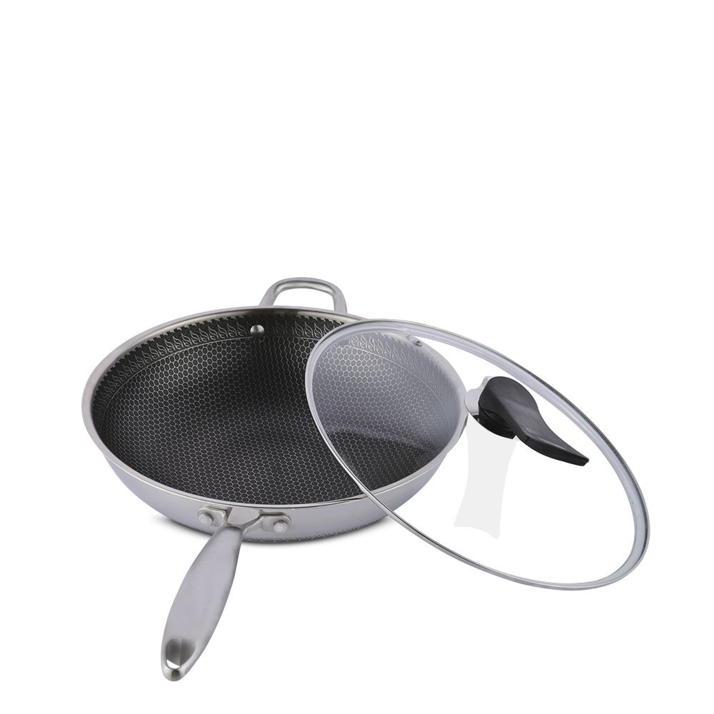 Restaurant kitchen triply stainless steel wok deep honeycomb non stick ...