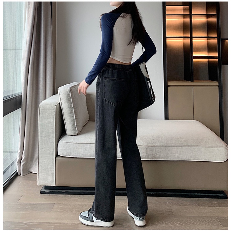 กางเกงยีนส์หญิง ทรงกระบอกเอวสูง ใส่สบาย เอวยางยืด ปรับเอวด้วยเชือก เข้า ...