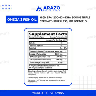 Arazo Nutrition Omega 3 Fish Oil High EPA 1200mg DHA 900mg Triple ...
