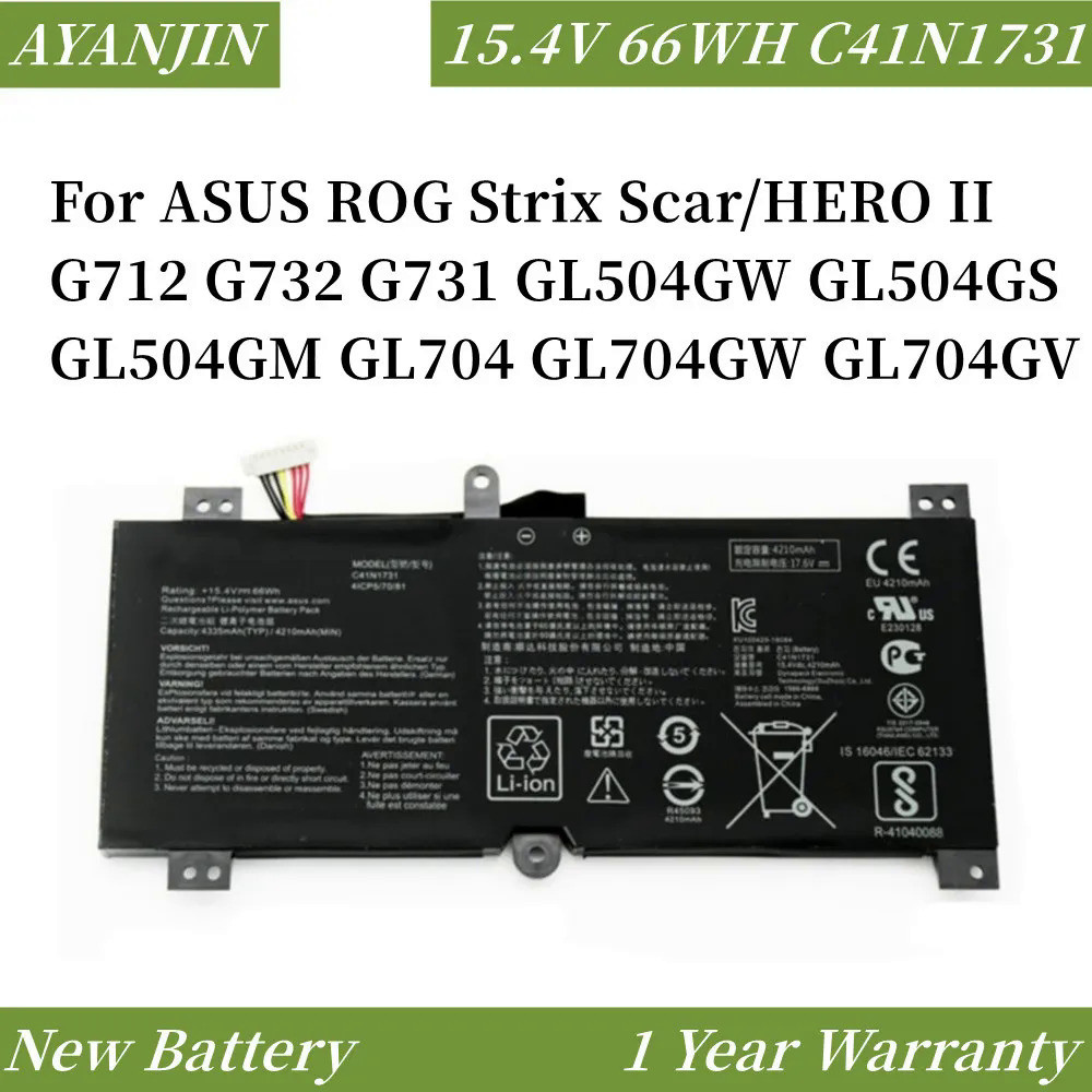 แบตเตอรี่แล็ปท็อป C41N1731สำหรับ ASUS ROG Strix Scar/HERO II G712 G732 G731 GL504GW GL504GM ...