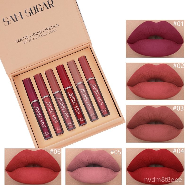 SAM SUGARพื้นผิวด้าน6เฉพาะลิปกลอสชุดความงามริมฝีปากfangลิปสติกแบบไม่ติด ...