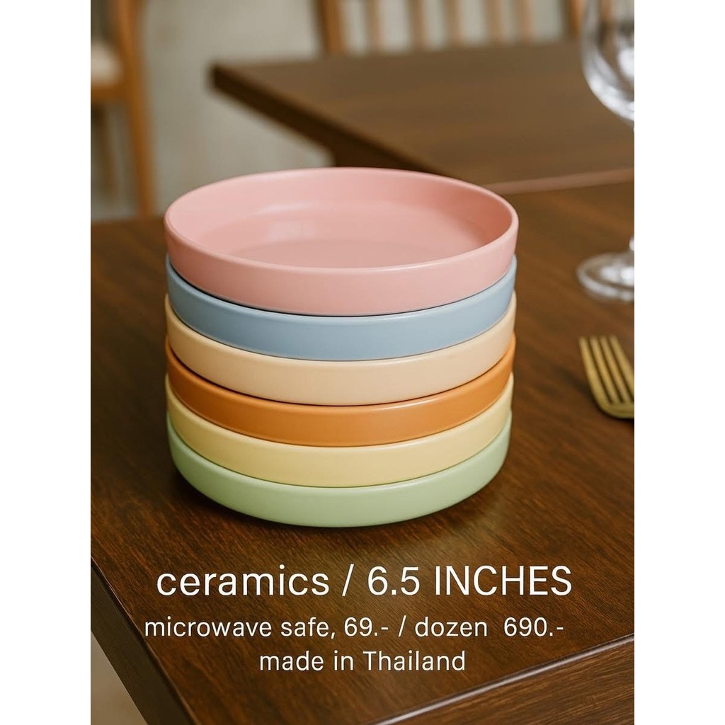 TH Ceramic จานแบนขอบสูง ขนาด 6.5 นิ้ว ลึก 1.2 นิ้ว สามารถเข้าไมโครเวฟและเครื่องล้างจานได้ ...