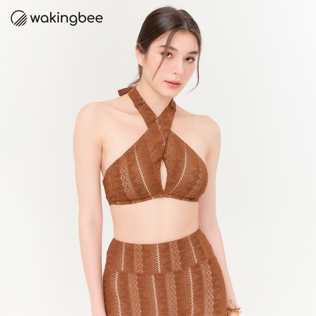 Wakingbee Island Bra (Brown) เสื้อว่ายน้ำ ดีไซน์โบว์ผูกคอ ใส่ได้สองแบบ ทำจากผ้าถักลูกไม้ สไตล์ ...